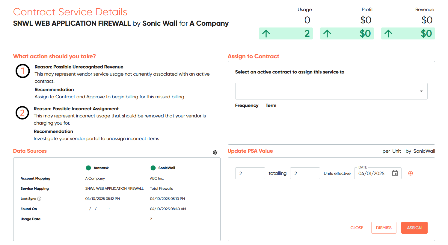 Service Reconciliation in the SonicWall billing tool.